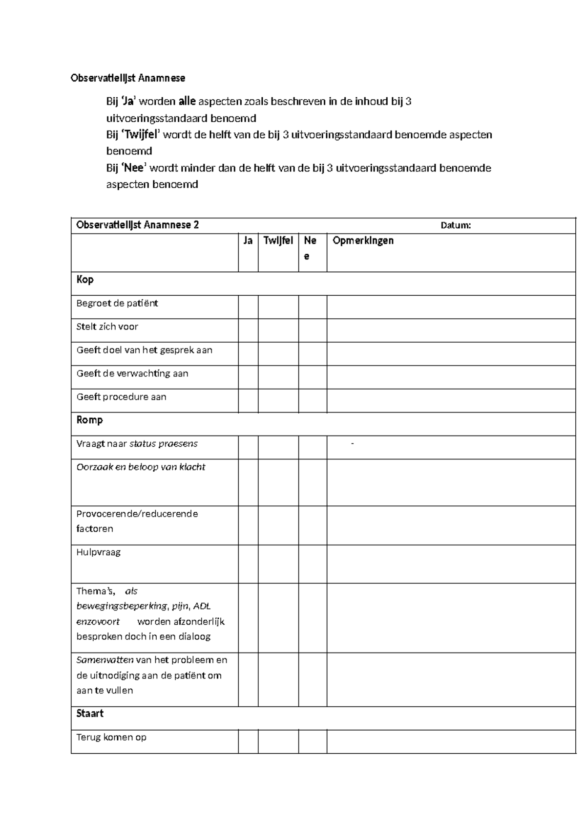 Blok 2 VH 5.4 Observatielijst Anamnese - Evaluatie en Aspecten ...