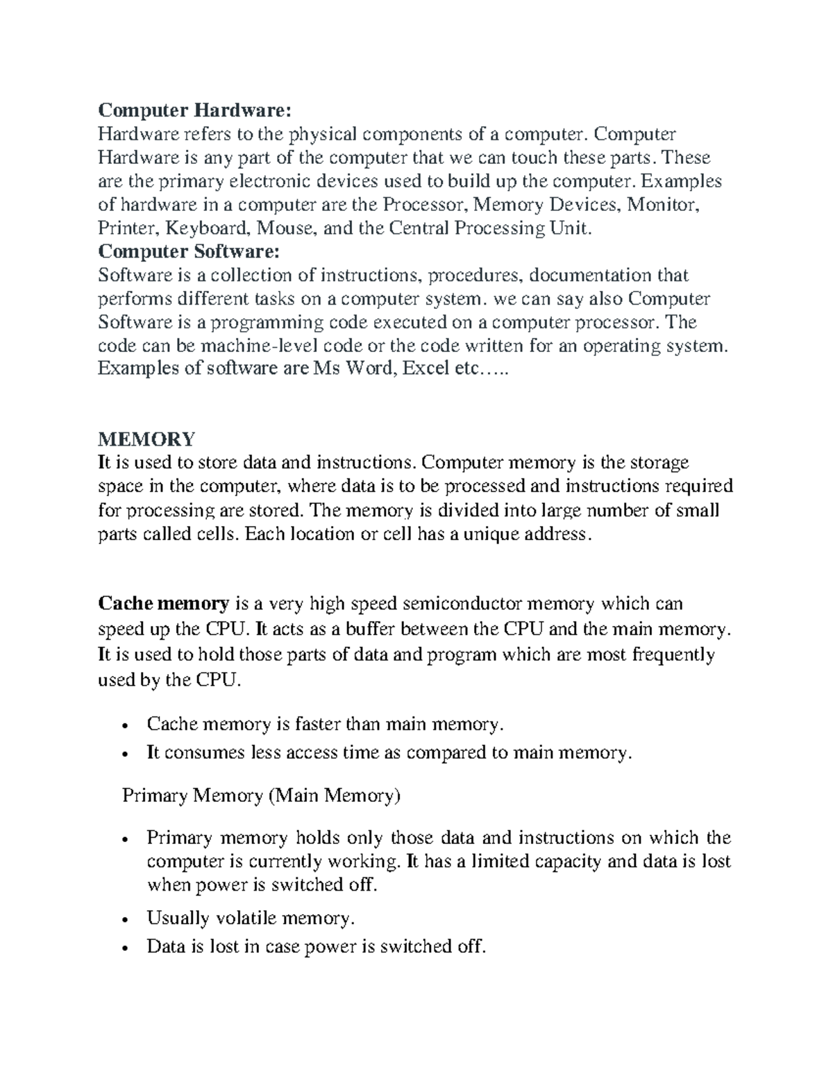 Computer Hardware and Software Overview - Notes for CS101 - Studocu