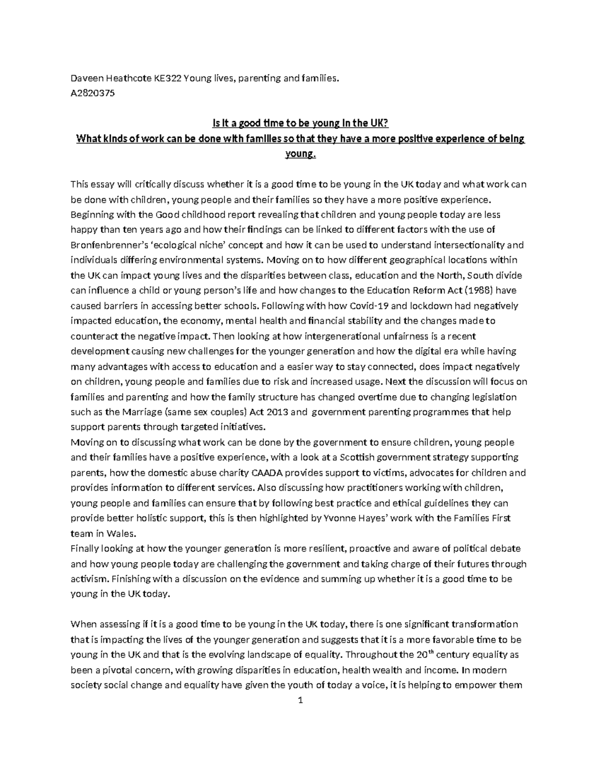 Daveen Heathcote A2820375 KE322 Young Lives, Parenting & Family ...