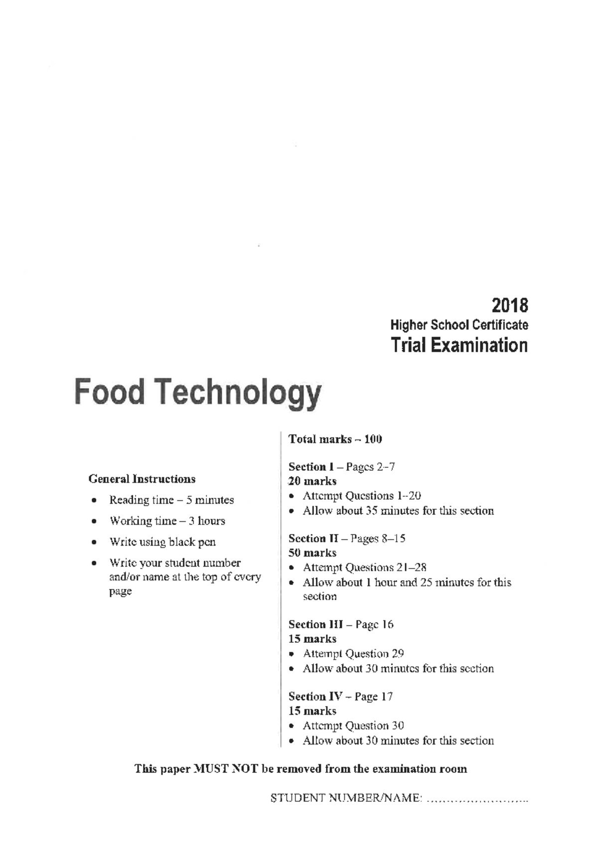 2018 HSC Trial Exam: Food Technology (Total Marks: 100) - Studocu