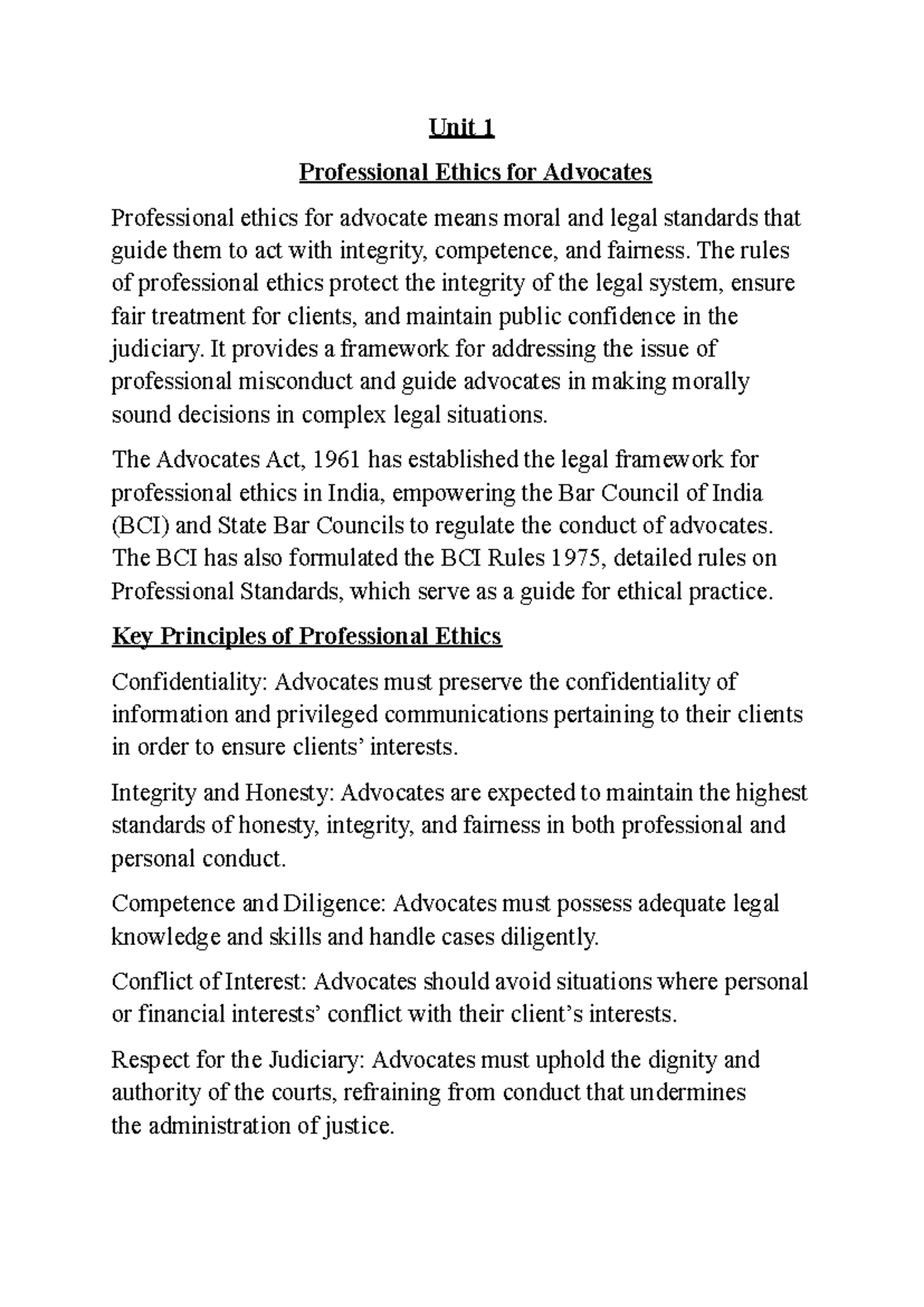 Unit 1 - Professional Ethics for Advocates: Key Principles and ...