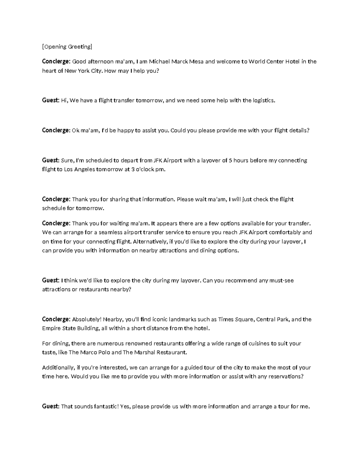 Concierge Script for Guest Services at World Center Hotel - Studocu