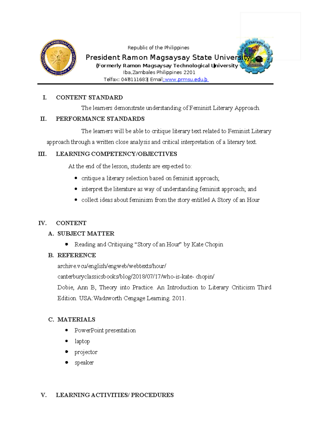 Feminist DLP Q3: Detailed Lesson Plan on "The Story of an Hour" - Studocu