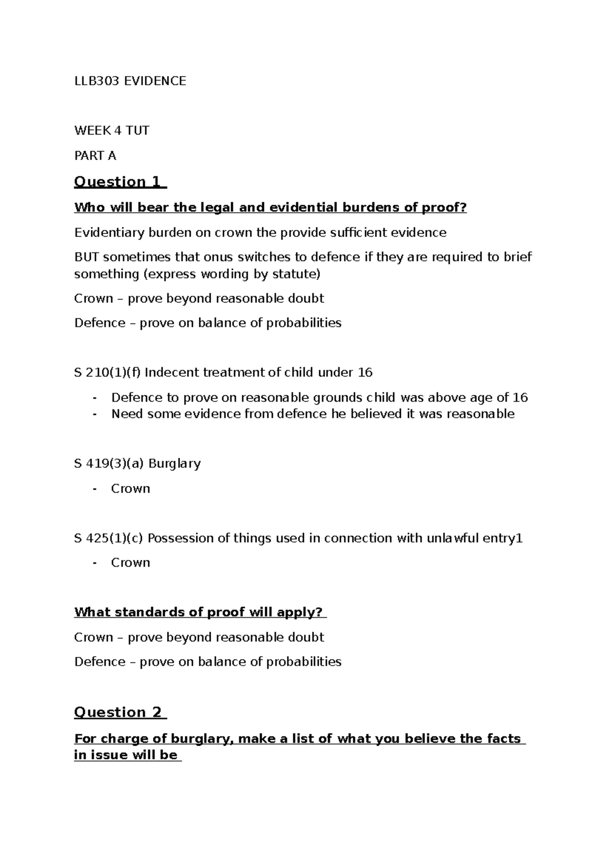 LLB303 Evidence TUT Week 1-4 Notes on Burden of Proof and Competence ...