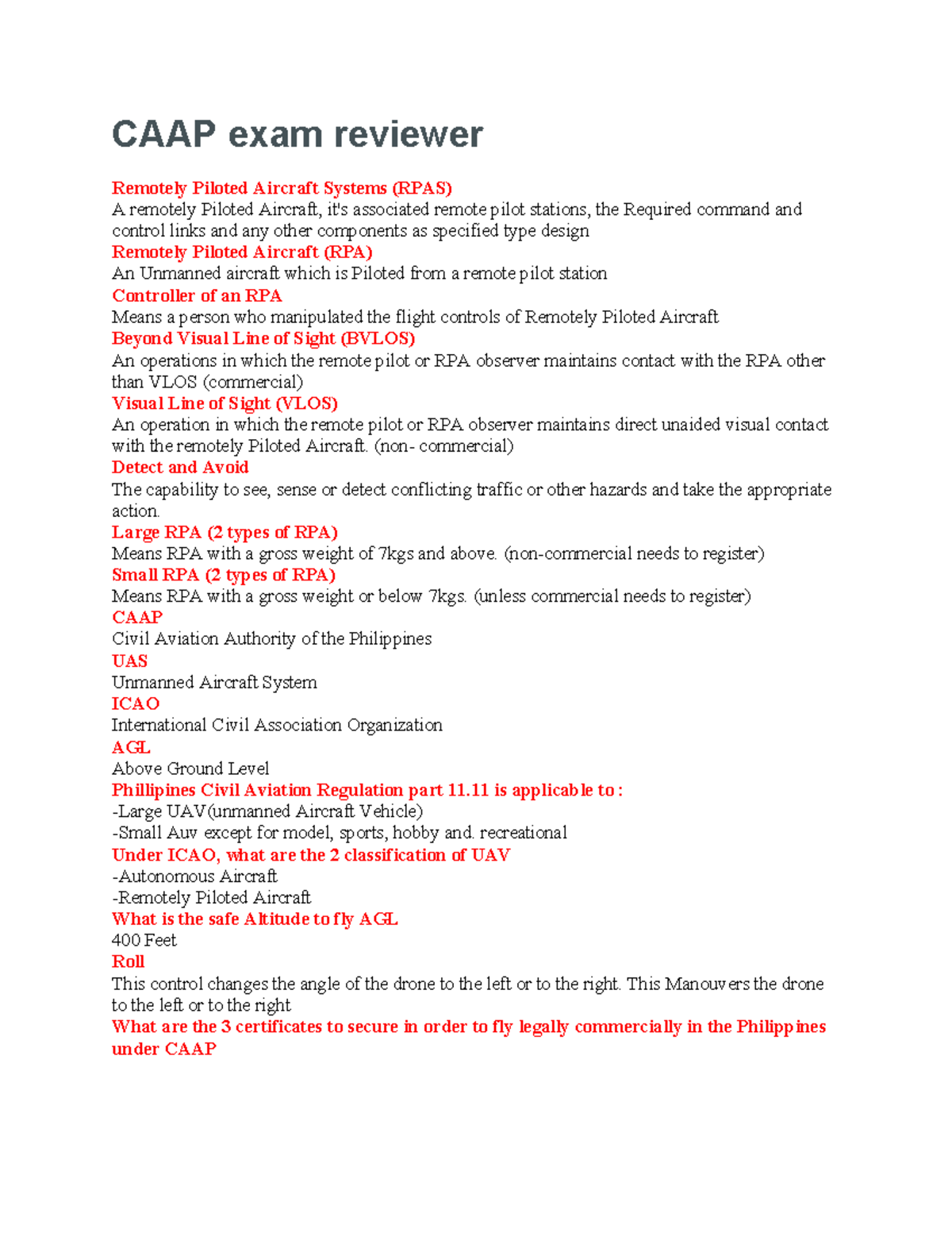 CAAP 2023 Final Exam Reviewer for Remotely Piloted Aircraft Systems ...