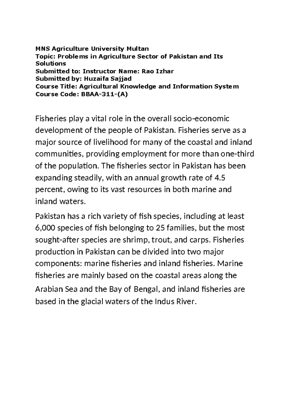 MNS Agricultural Knowledge & Info System: Fisheries in Pakistan - Studocu