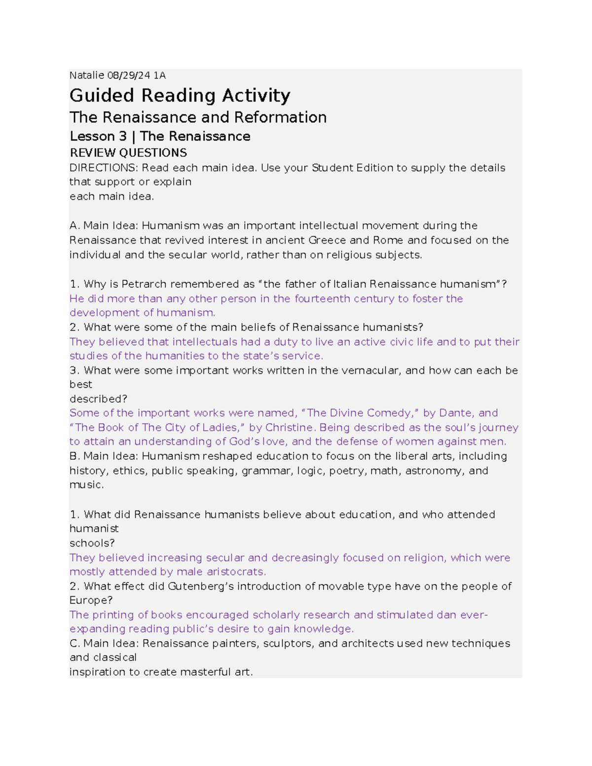 Guided Reading Activity: Lesson 3 - The Renaissance (Class Notes) - Studocu