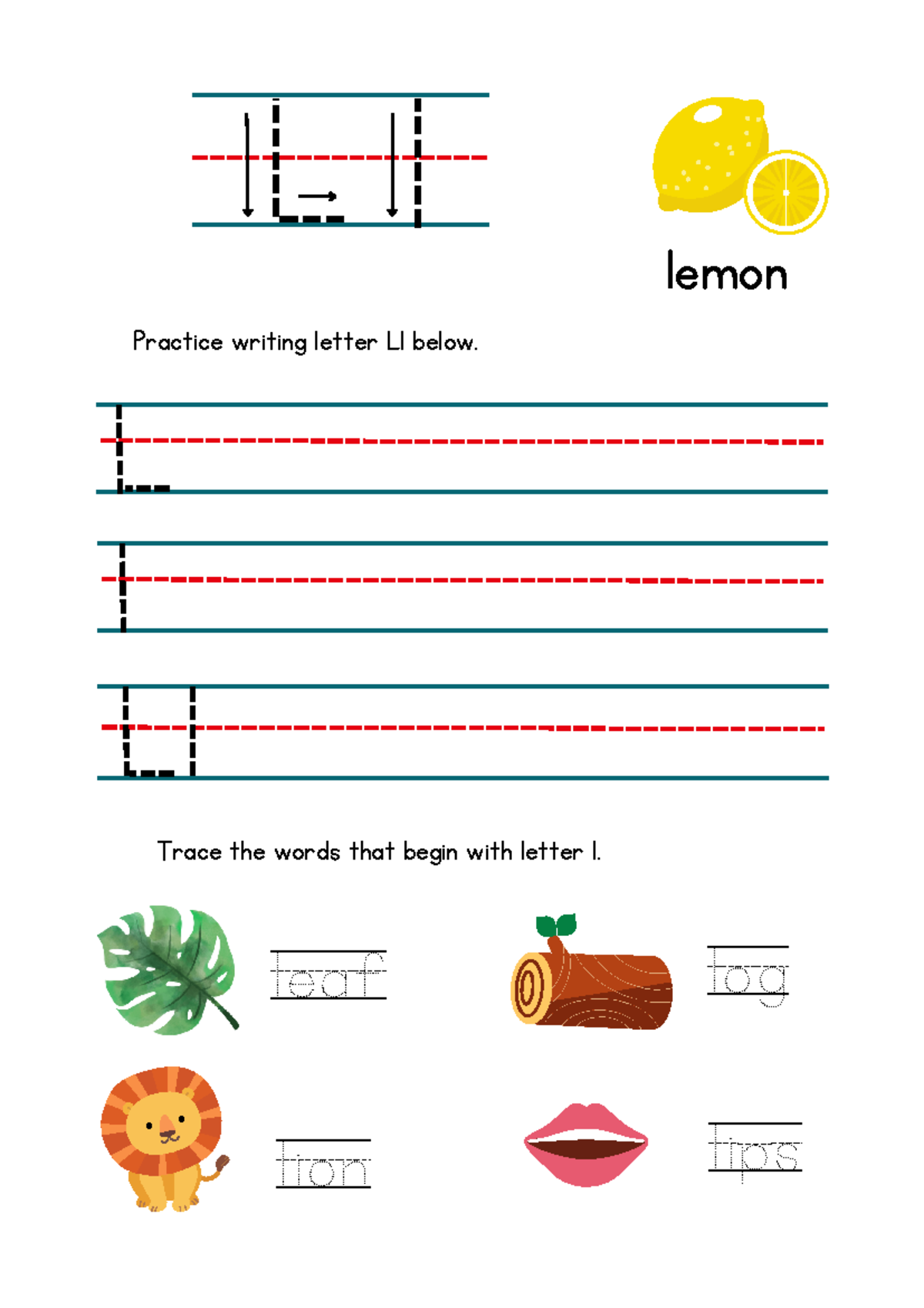 Writing Letter Ll Worksheet - ingles - leaf lemon Practice writing ...