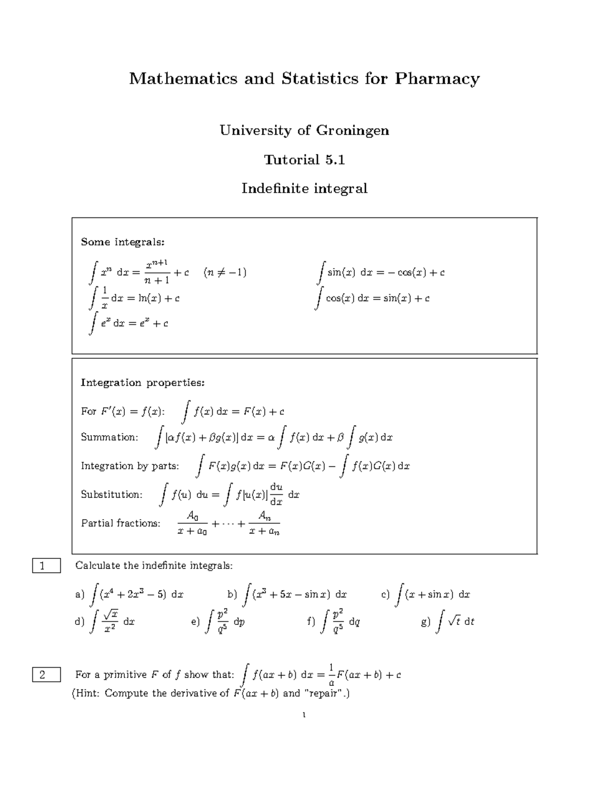 Math Stat Tutorial 5: Indefinite Integrals and Techniques - Studeersnel