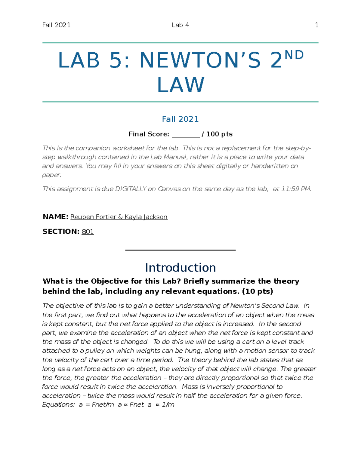 Lab 5 - Newton's 2nd Law Worksheet - Fall 2021 - Studocu