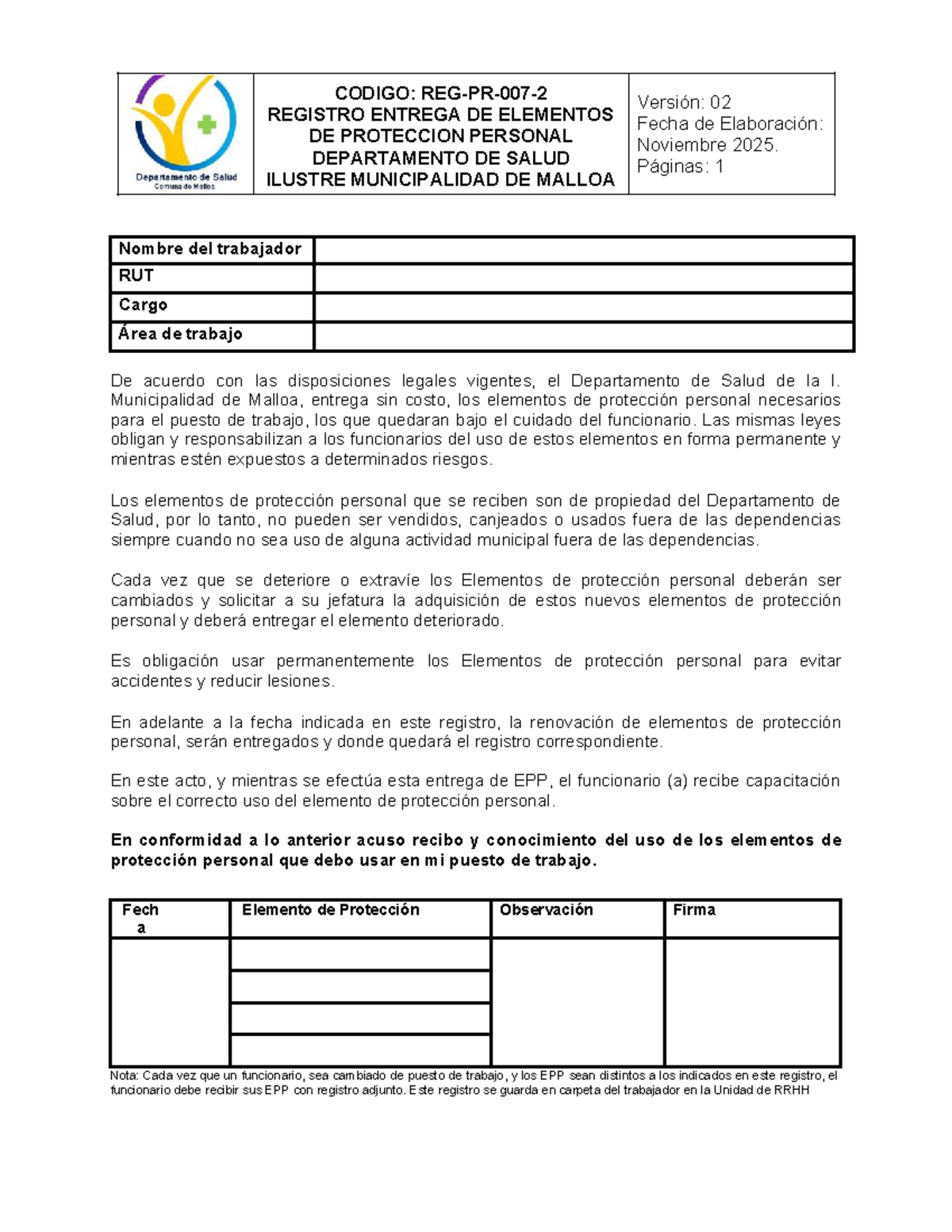 Registro de Entrega de EPP - Departamento de Salud I. Municipalidad de ...