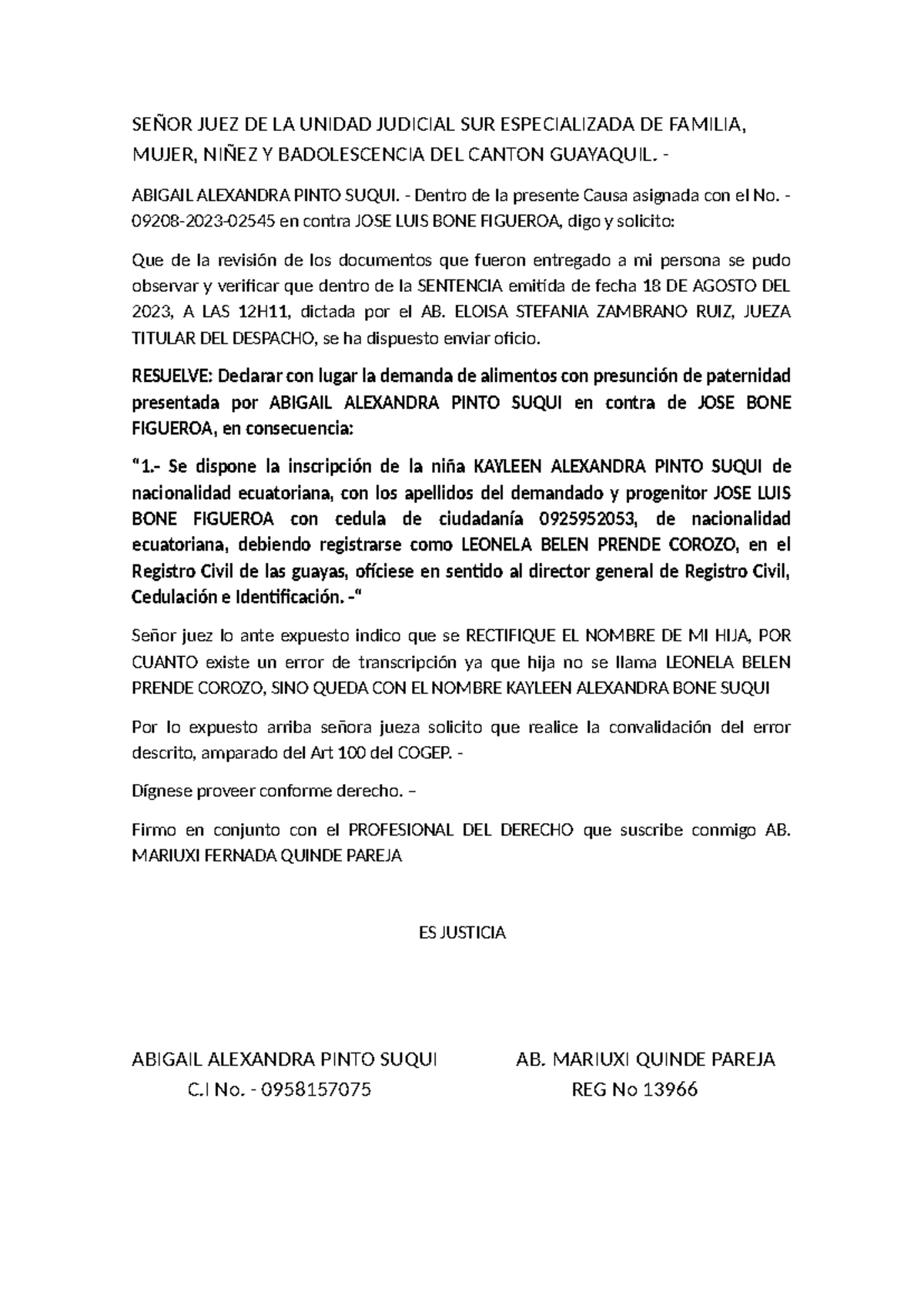 Solicitud de Rectificación de Nombre en Causa No. [Número] - Abigail ...
