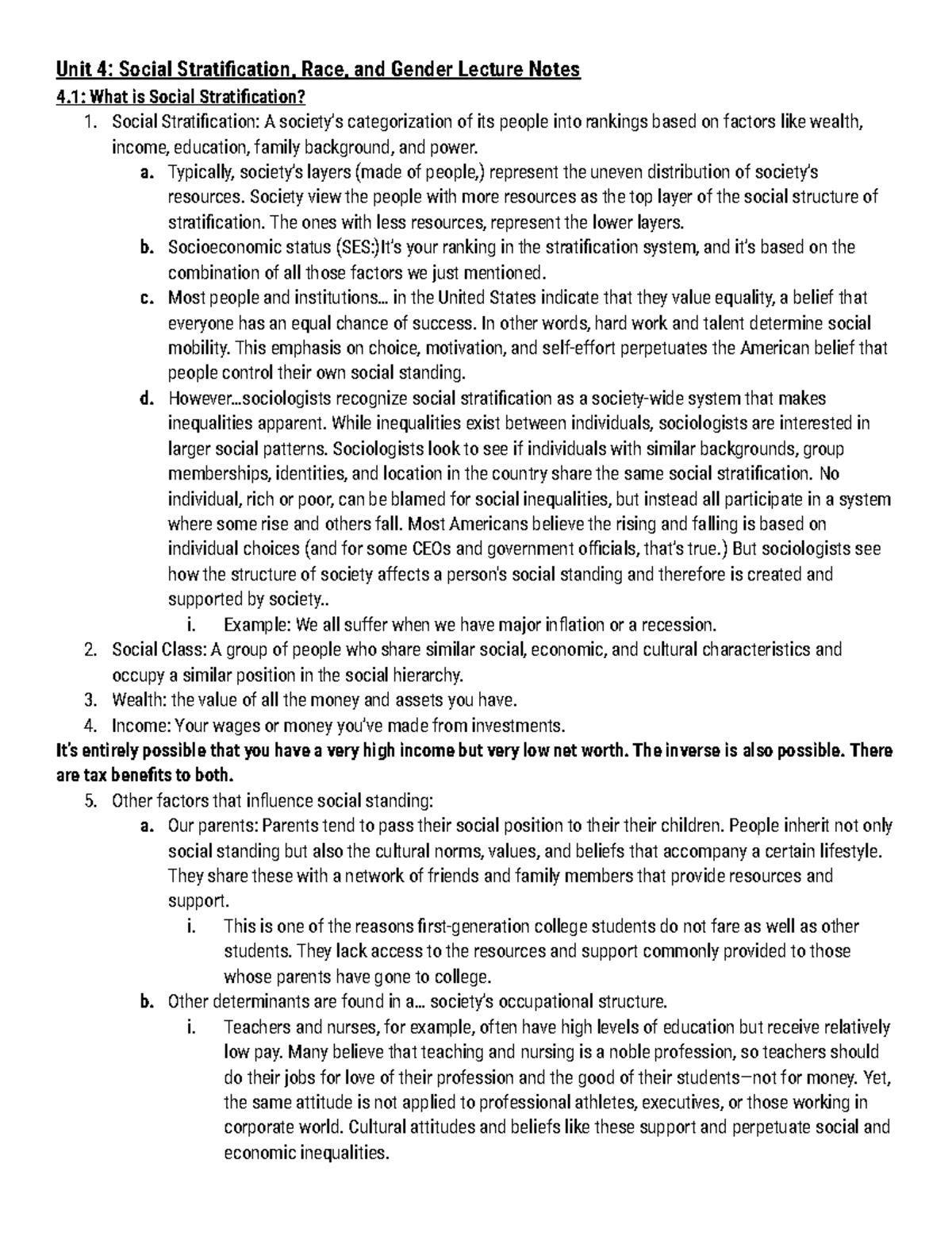 Unit 4: Social Stratification, Race, and Gender Lecture Notes Review ...