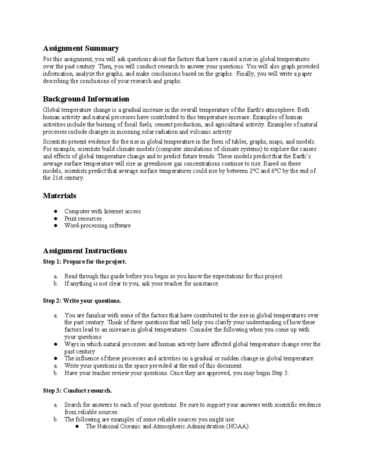 Assignment Temp Global Changes - Assignment Summary For this assignment, you will ask questions ...