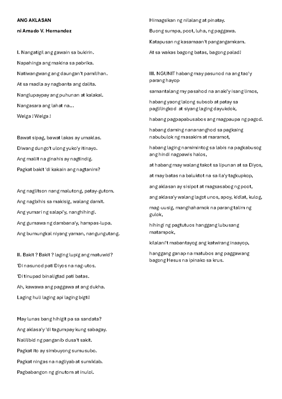 ANG 101: Sabayang Pagbigkas ng "Aklasan" ni Amado V. Hernandez - Studocu