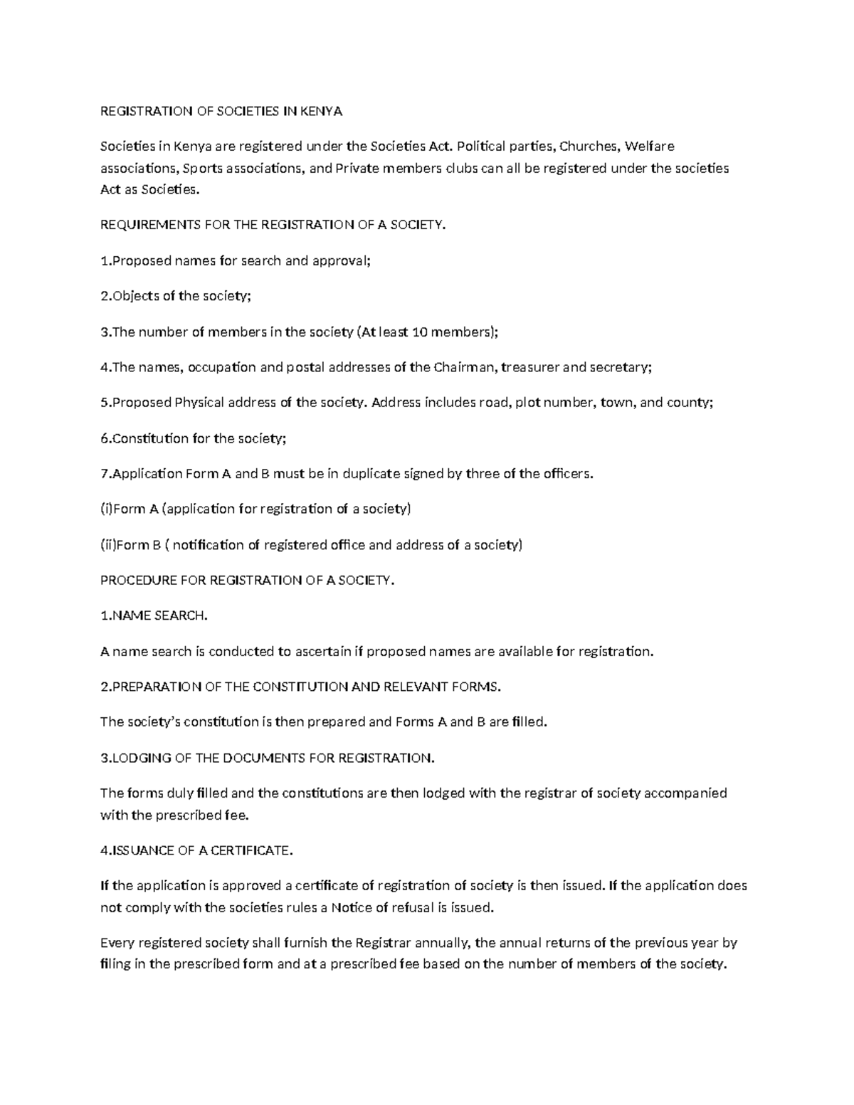 REGISTRATION OF SOCIETIES IN KENYA: A Comprehensive Guide - Studocu