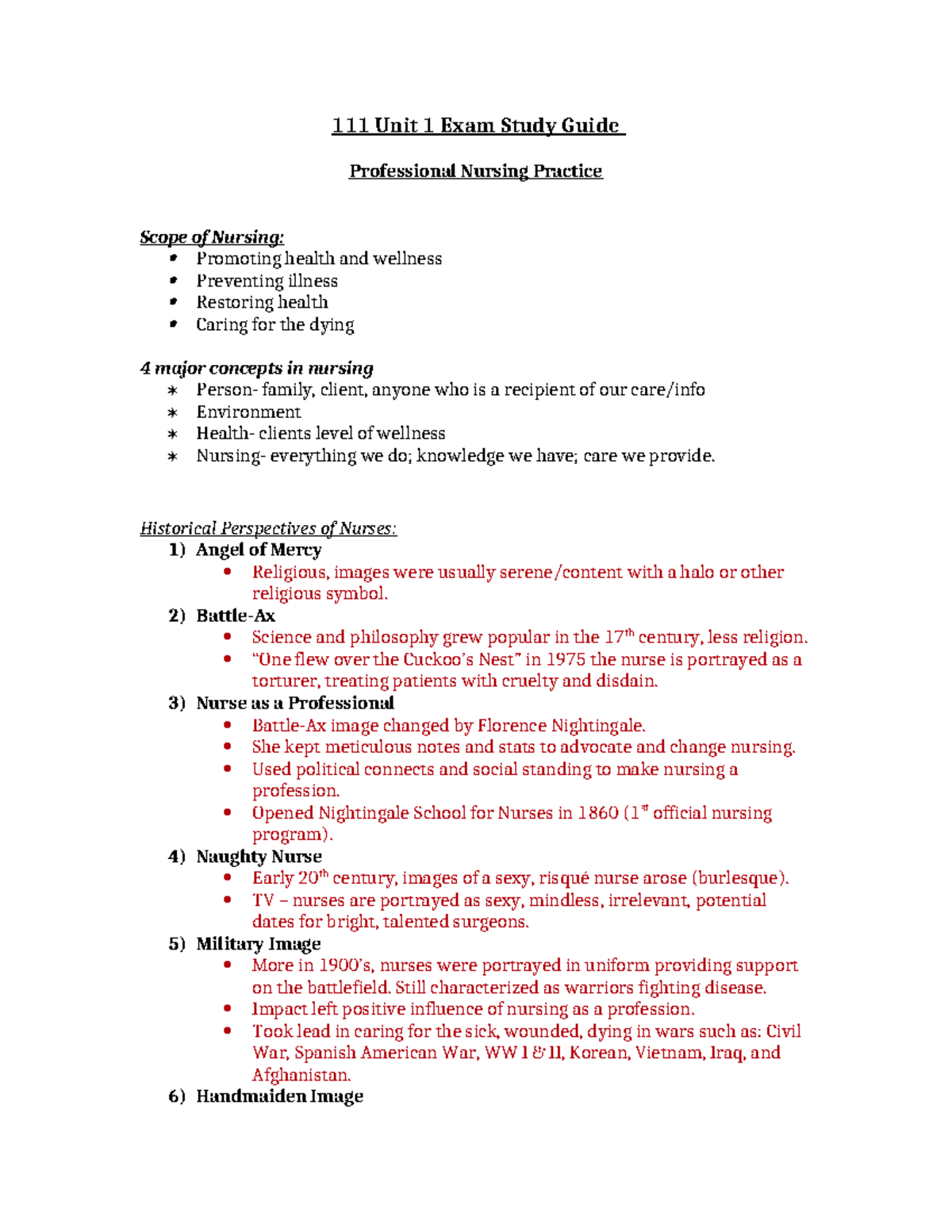 NUR116 Unit 1 Exam Study Guide: Foundations of Nursing Practice - Studocu