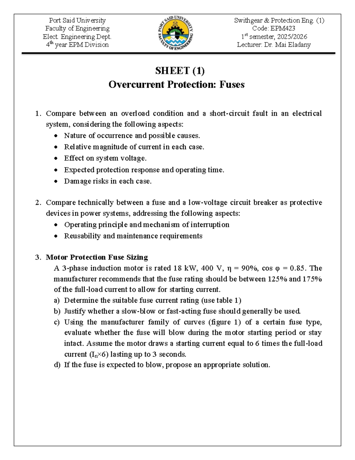 EPM423 1st Sem. Sheet: Overcurrent Protection & Fuse Sizing - Studocu
