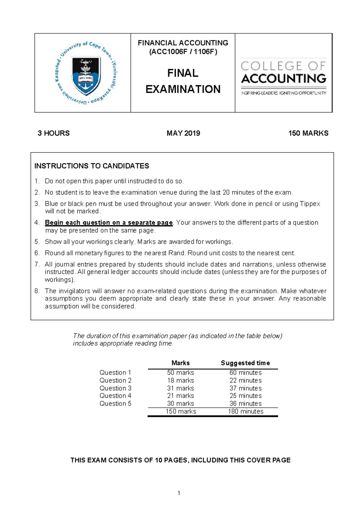 ACC1006F 2019 Final Exam: Financial Accounting Guidelines & Questions ...