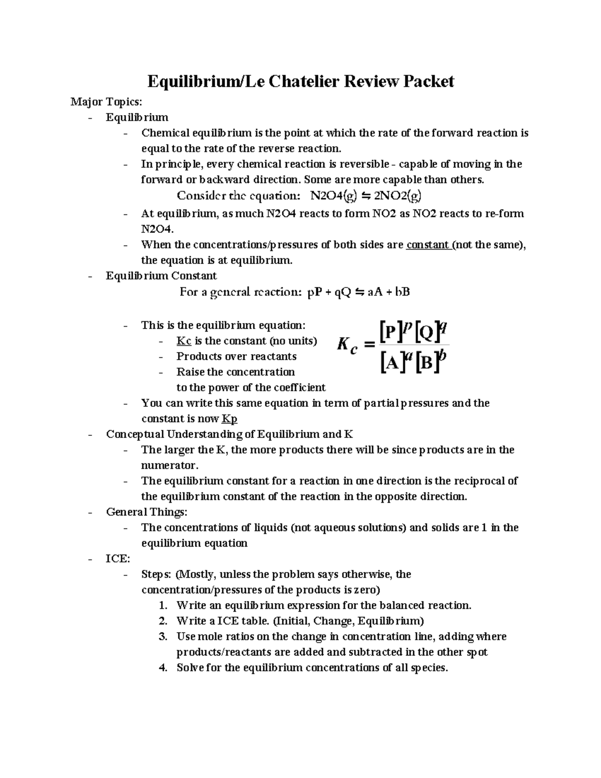 Equilibrium and Le Chatelier's Principle Review Packet for CHEM 101 ...