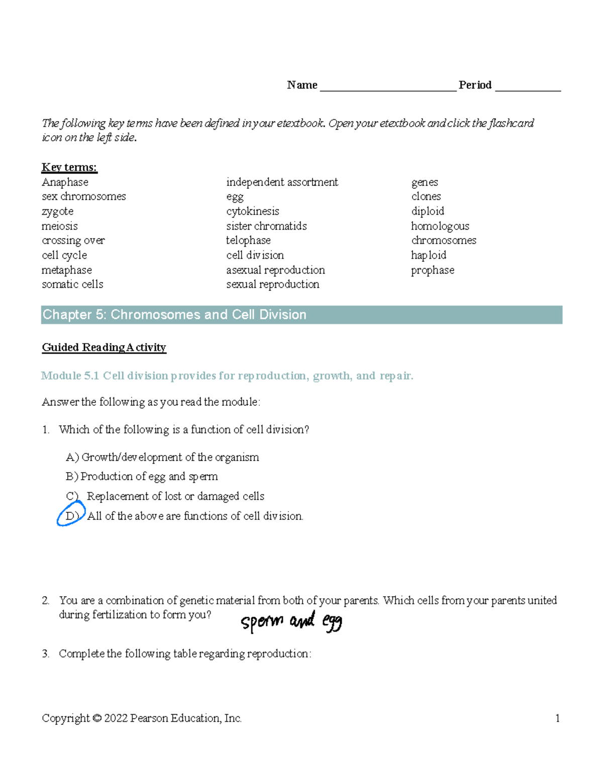 DNA and Cell Division: Guided Reading Activities for Modules 5-6 - Name