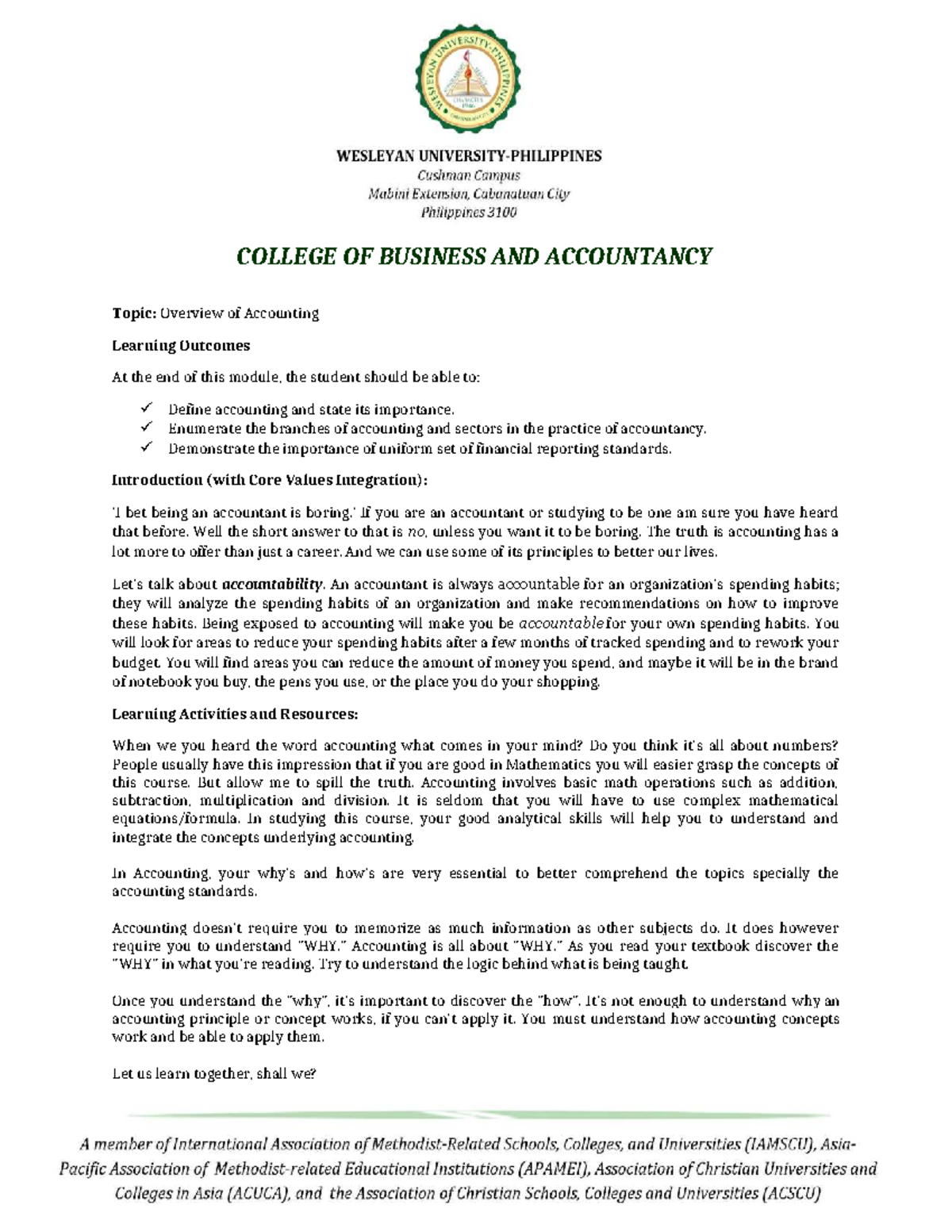 ACCT 101: Module 1 - Overview of Accounting Learning Outcomes - Studocu