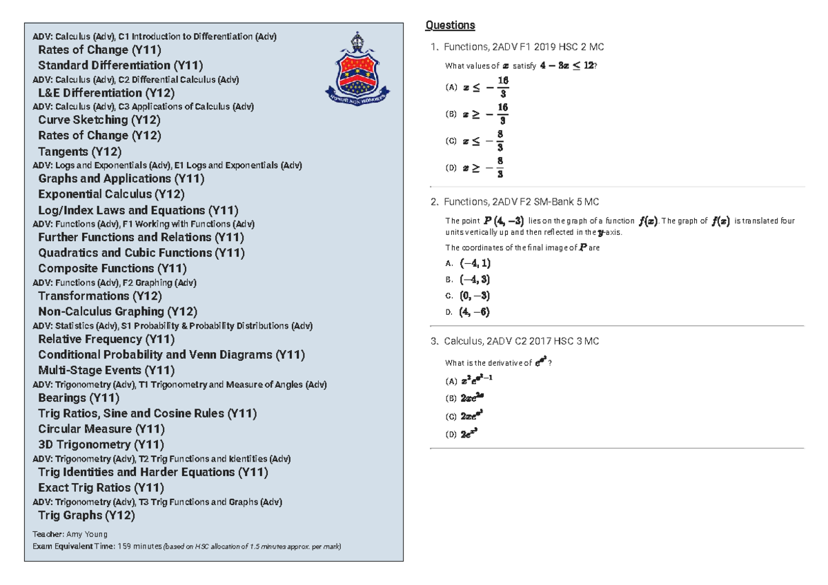 HSC Mega Year 11 Review: Advanced Calculus, Functions, and Trigonometry ...