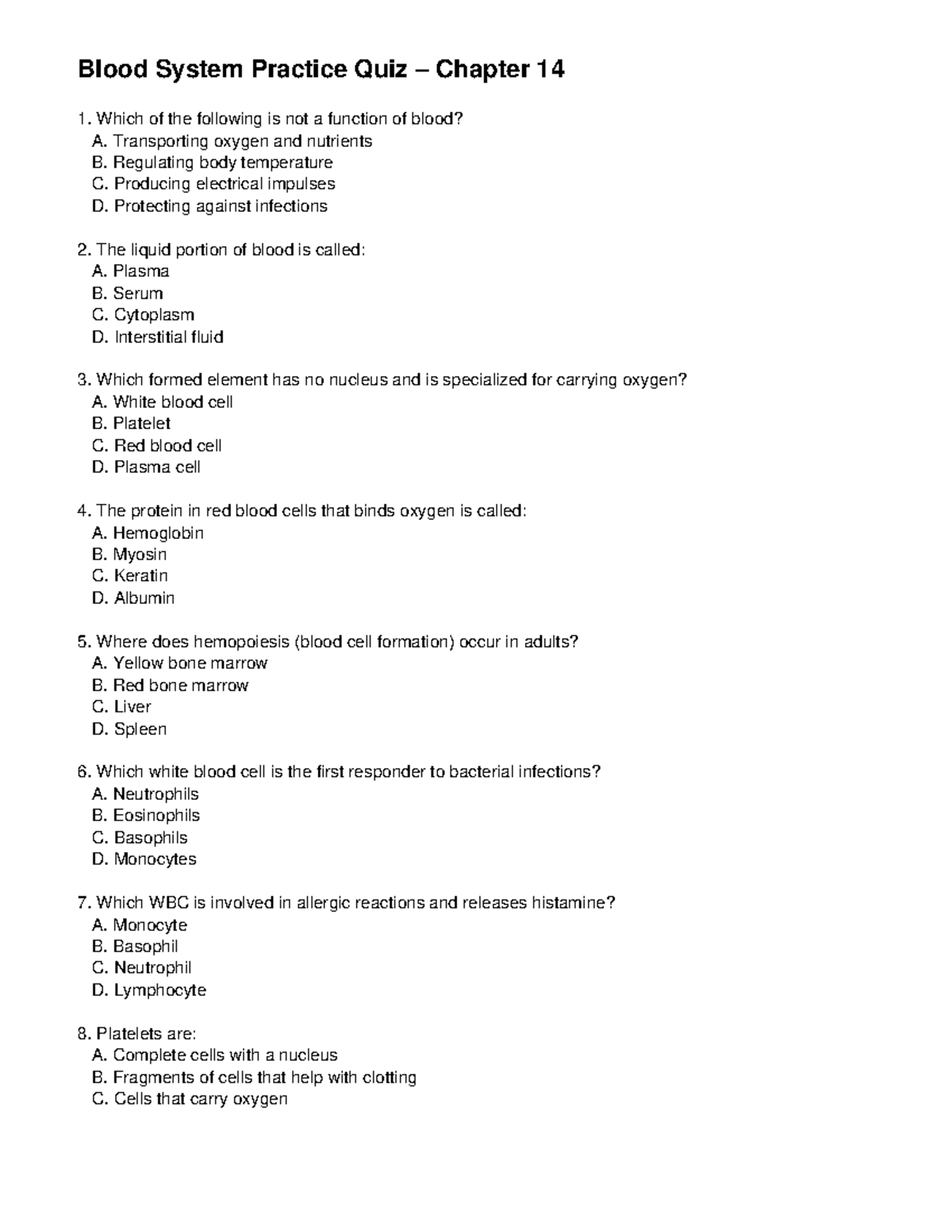 Blood System Practice Quiz - Chapter 14 - Studocu