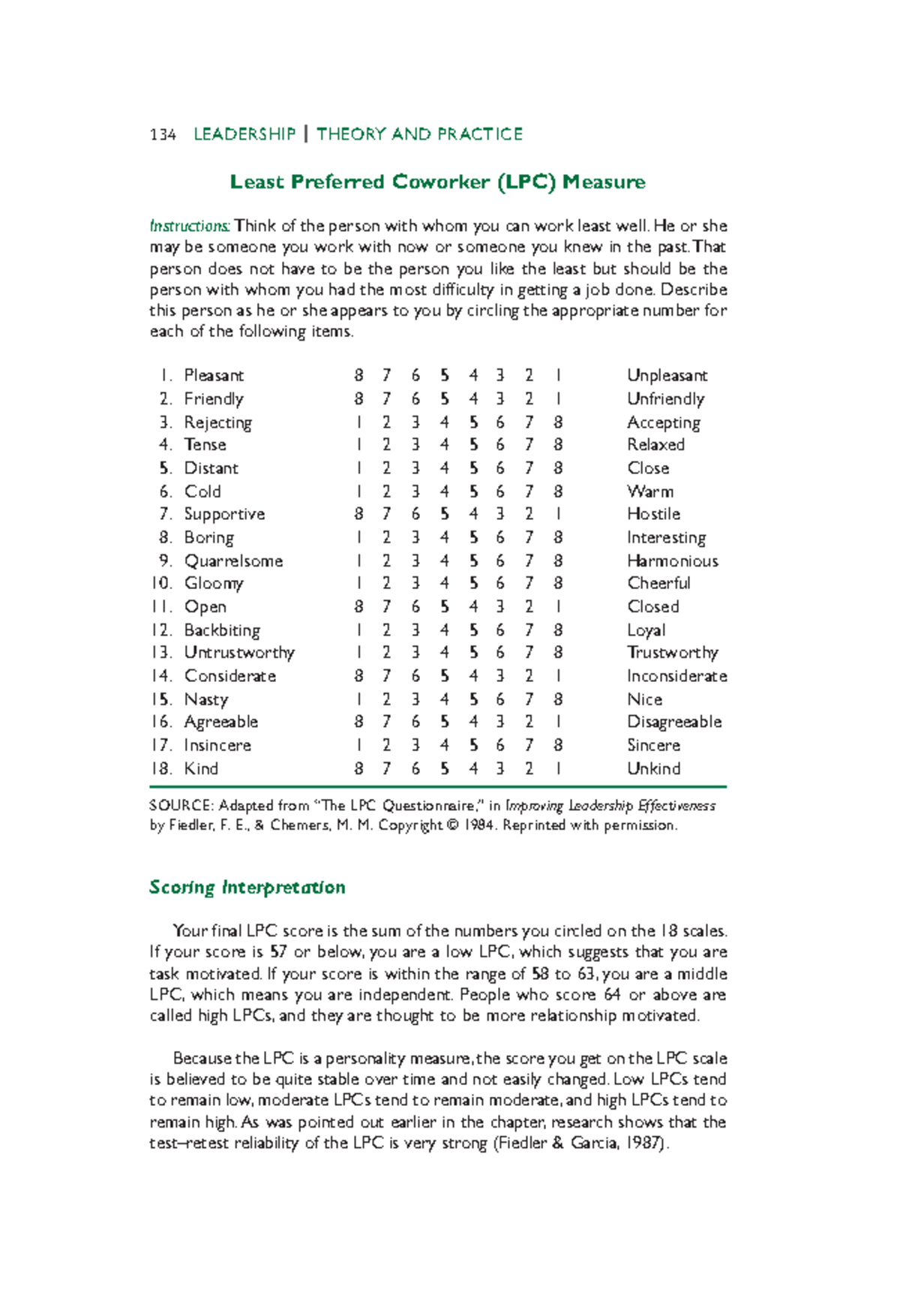 LPC Measure for Leadership Theory (LPC 134) - Questionnaire and Scoring ...