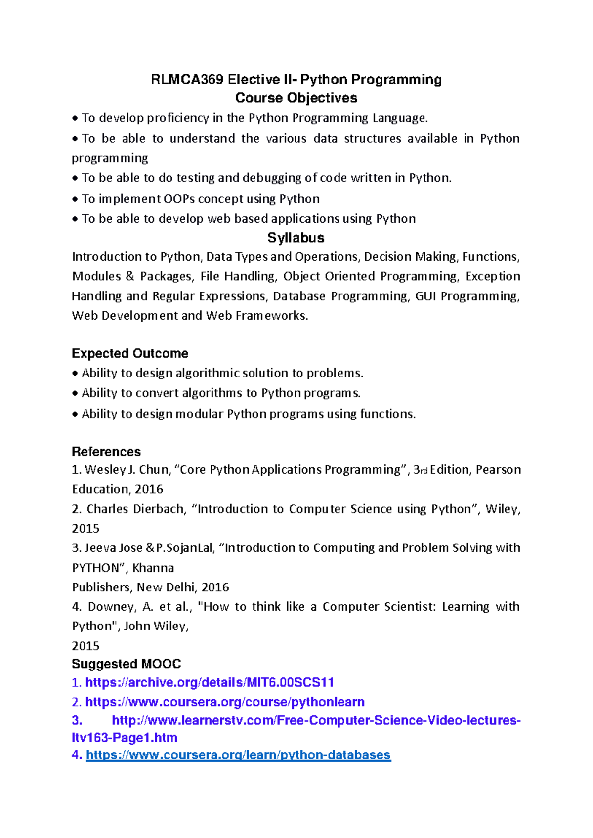 Python Syllabus - Usefull - RLMCA369 Elective II- Python Programming Course Objectives To ...
