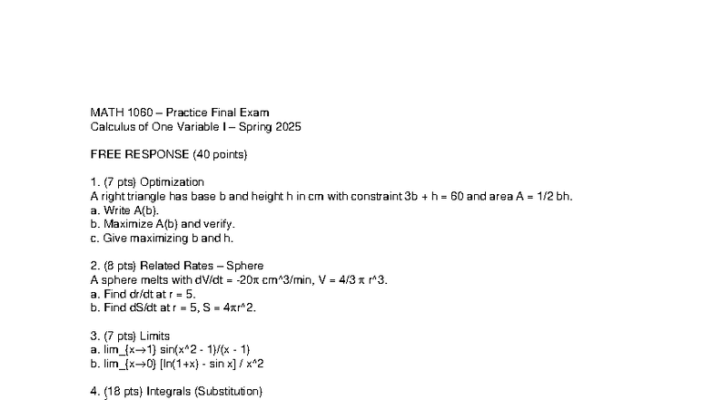 MATH 1060 Practice Final Exam: Calculus of One Variable I Spring 2025 ...