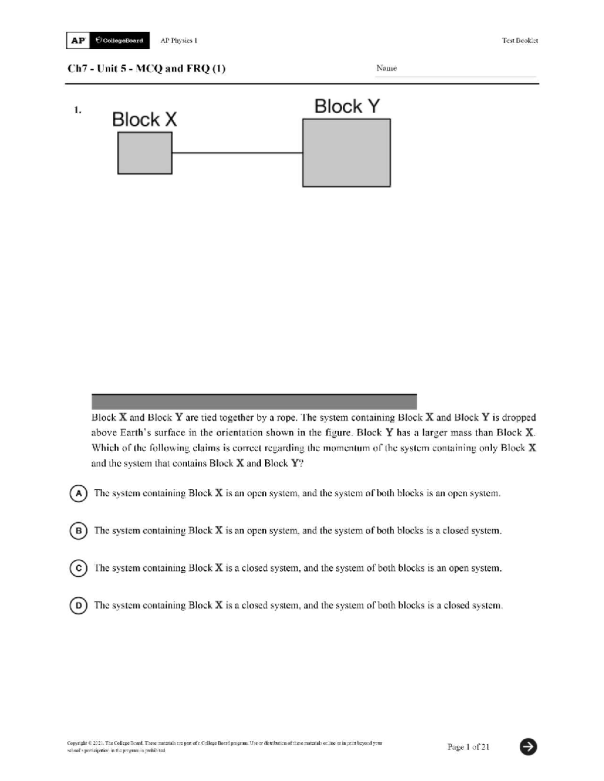 AP Physics 1 Test Booklet Ch7 Unit 5 MCQ and FRQ Review - Studocu