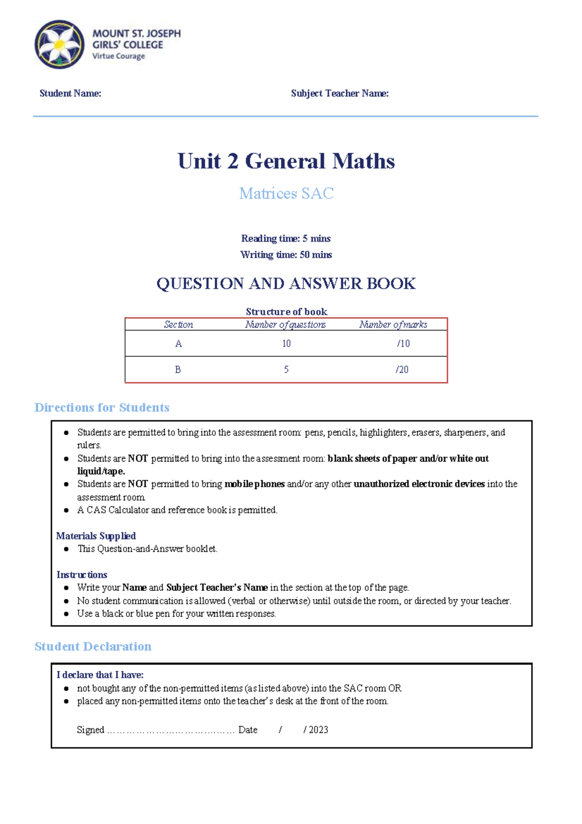 Unit 2 Gen Maths Matrices SAC - 2023 Assessment Guide - Studocu