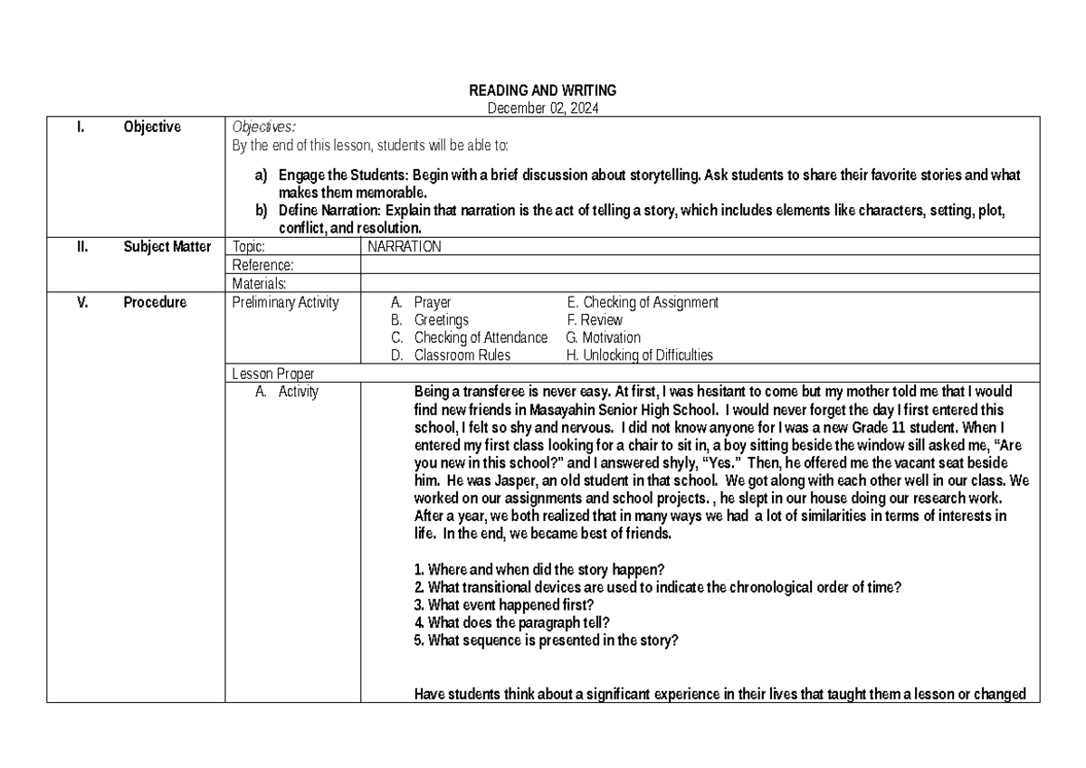 Reading AND Writing - READING AND WRITING December 02, 2024 I ...