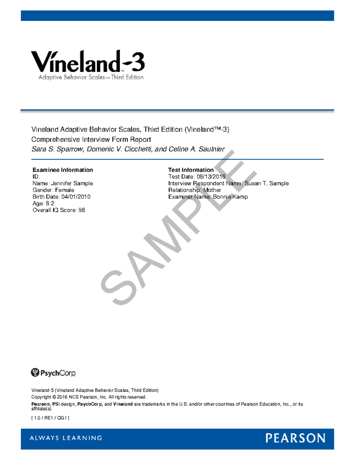Vineland 3 Comprehensive Interview Form Report: Jennifer Sample ...