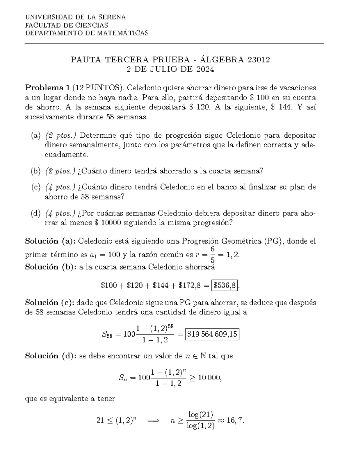Pauta Tercera Prueba Álgebra 23012 - Soluciones y Análisis - Studocu