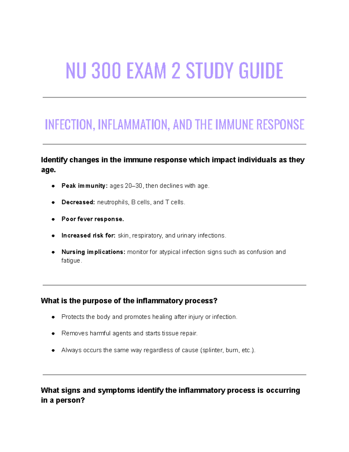 NU 300 EXAM 2 STUDY GUIDE: Infection, Inflammation & Immune Response ...