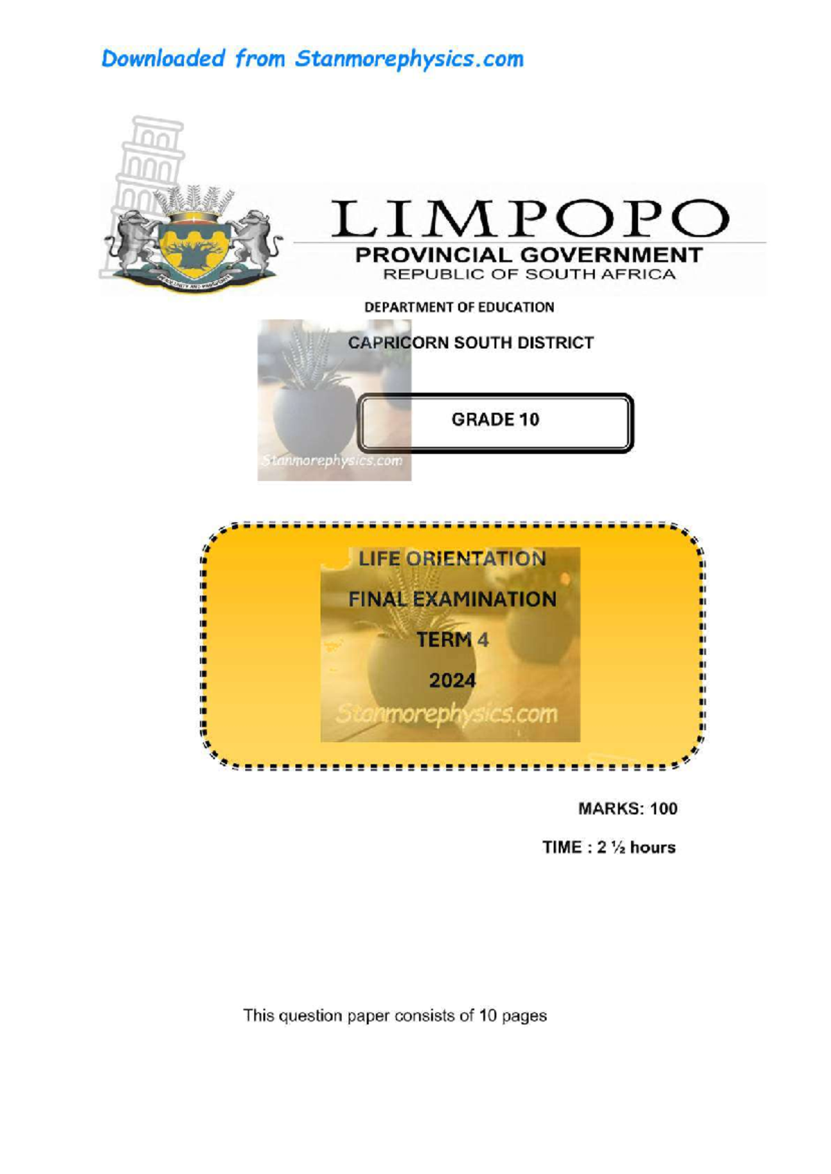 LP CS Life Orientation Grade 10 Final Exam November 2024 Question Paper ...