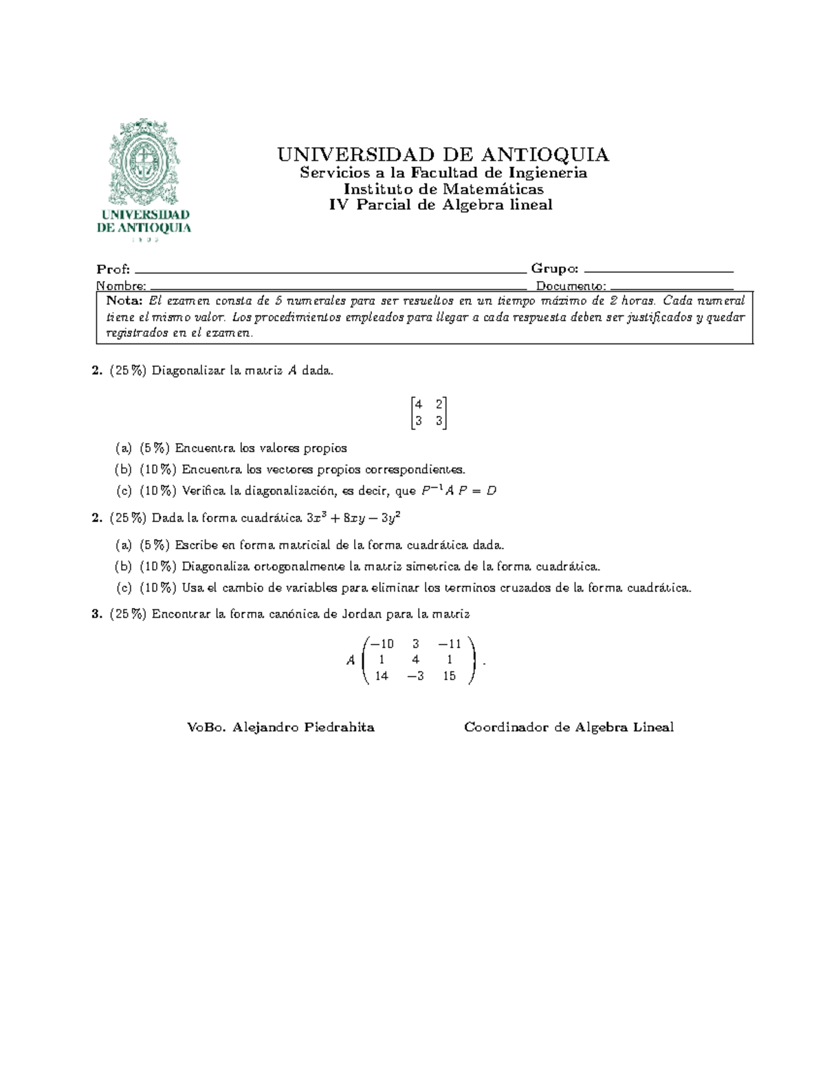 IV Parcial de Álgebra Lineal - Universidad de Antioquia - Studocu