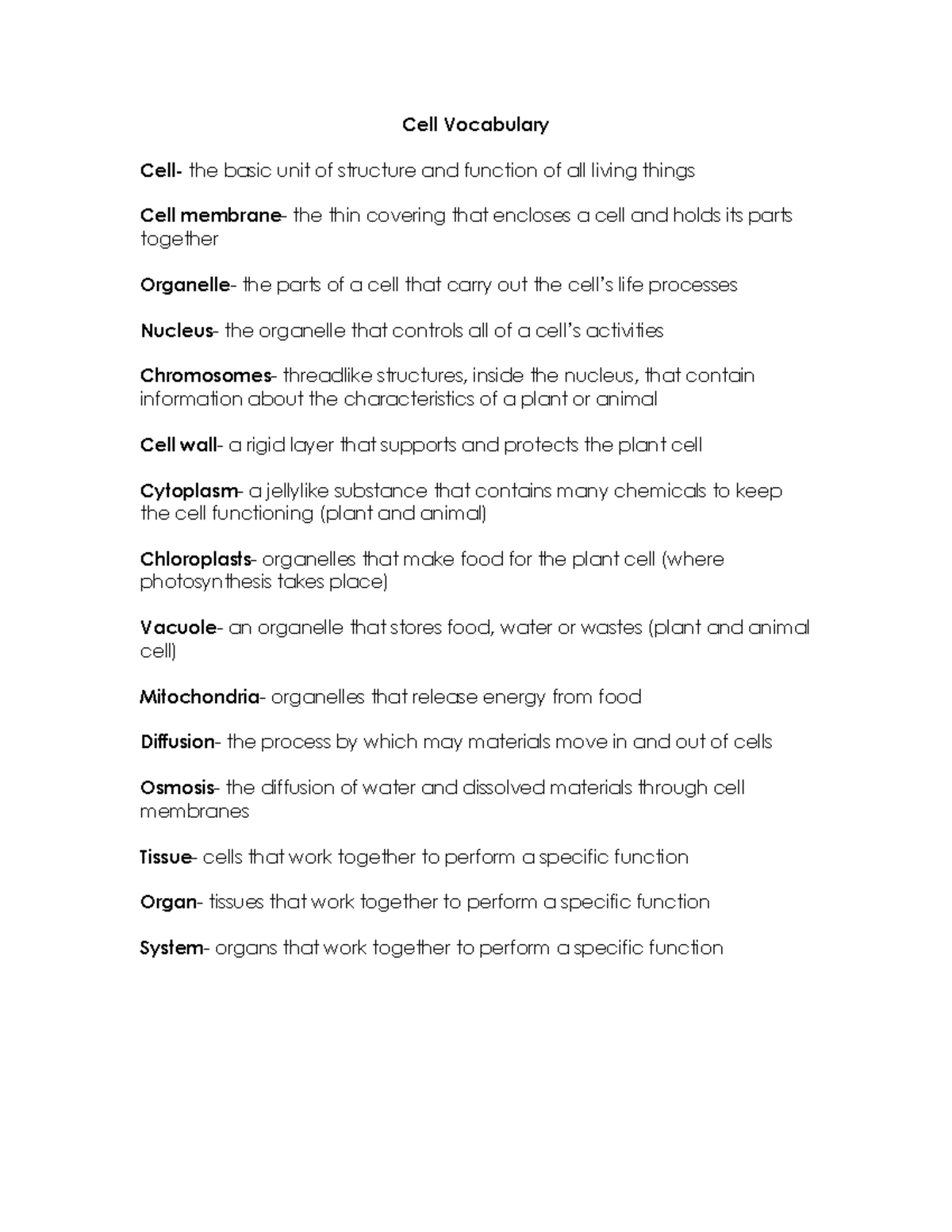 Cell Vocabulary - This is good! - Cell Vocabulary Cell- the basic unit ...