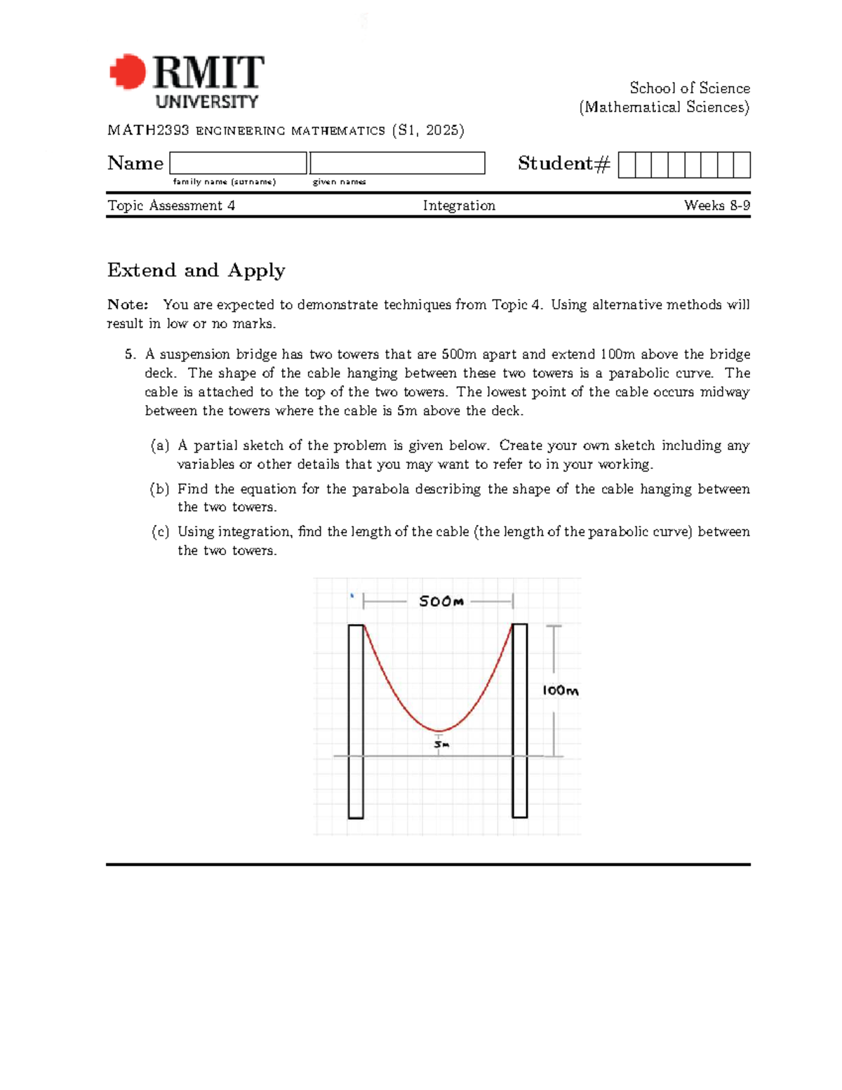 MATH2393 Assessment 4: Integration of Parabolic Cable Shape - Studocu