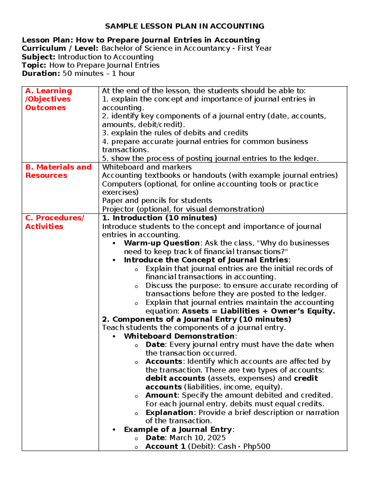 Accounting 075440 - Sample Lesson Plan: Journal Entries Explained - Studocu