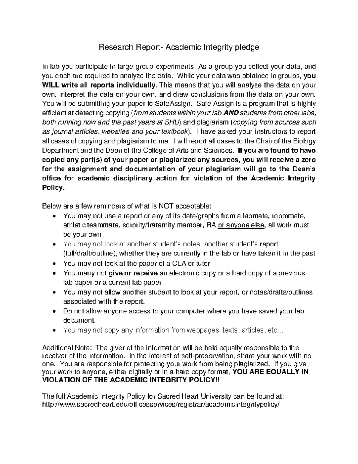 Research Report on Academic Integrity Pledge for BI114 - Studocu