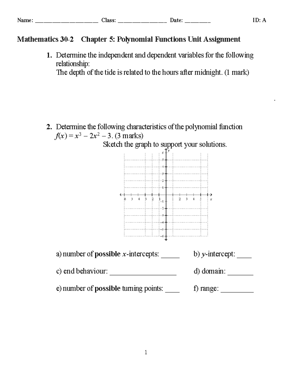 Mathematics 101: Chapter 5 Polynomial Functions Unit Assignment - Studocu