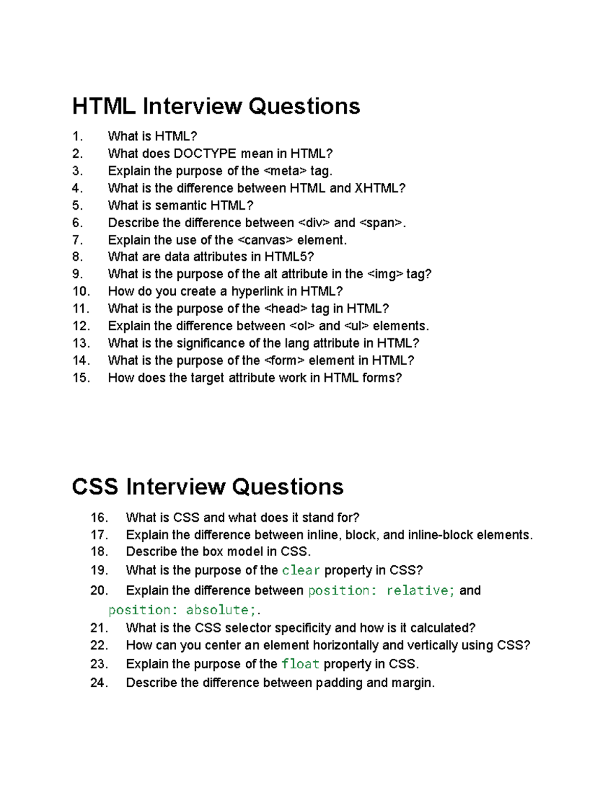 HTML, CSS, and JavaScript Interview Questions: Essential Guide - Studocu