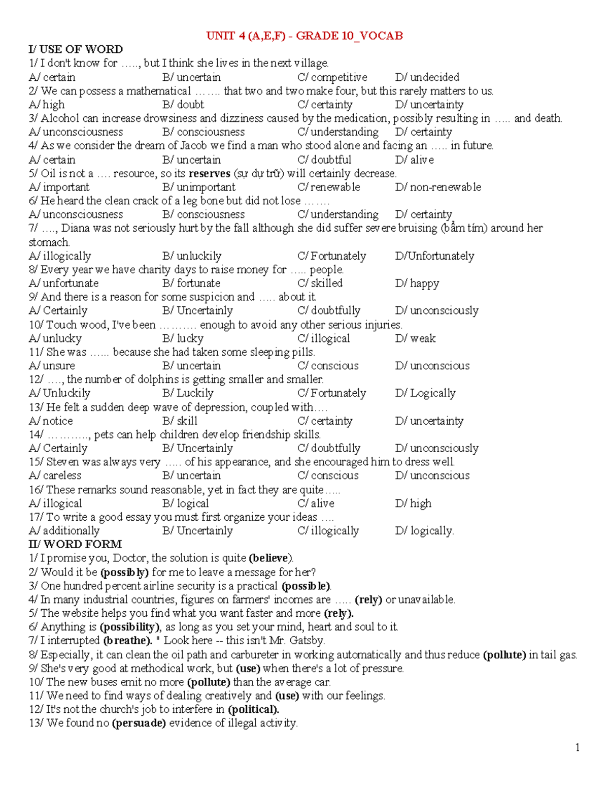 U4 (A,E,F) - GRADE 10 VOCABULARY STUDY GUIDE - Studocu