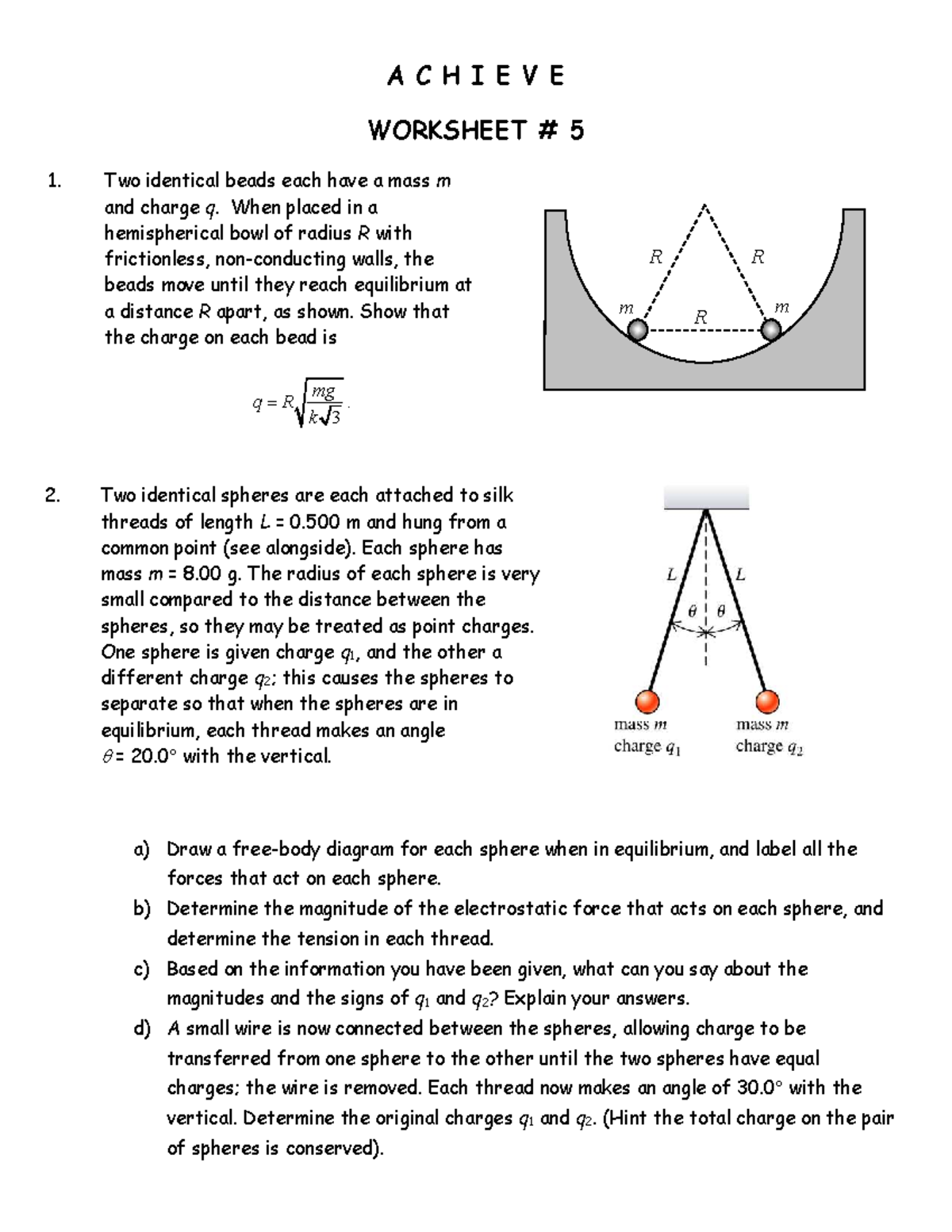 Semester II Achieve Worksheet 5: Electrostatics and Electric Fields ...