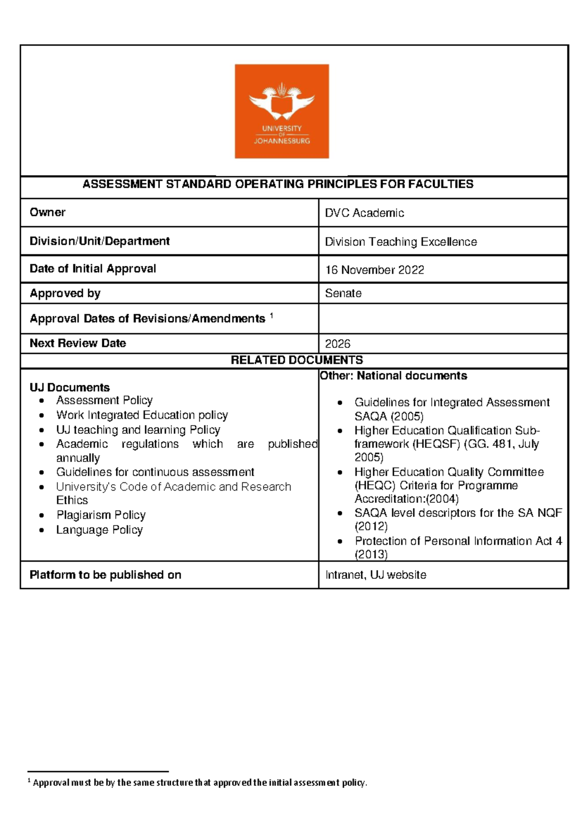 UCT Assessment Standard Operating Principles for Faculties (Senate ...