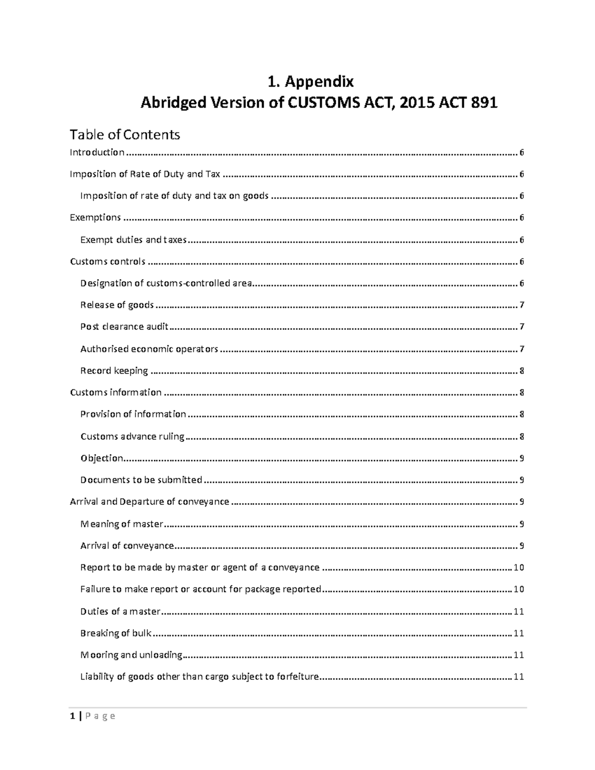 Abridged Version of CUSTOMS ACT, 2015 (ACT 891) - Table of Contents ...