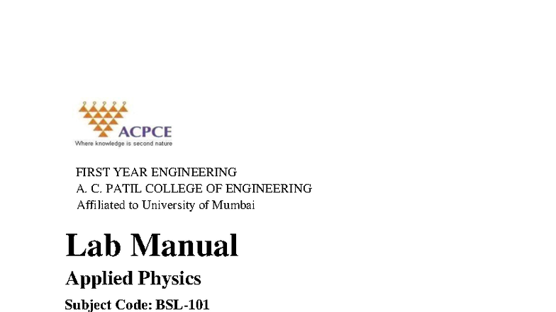Applied Physics I Lab Manual - A. C. Patil College of Engineering - Studocu